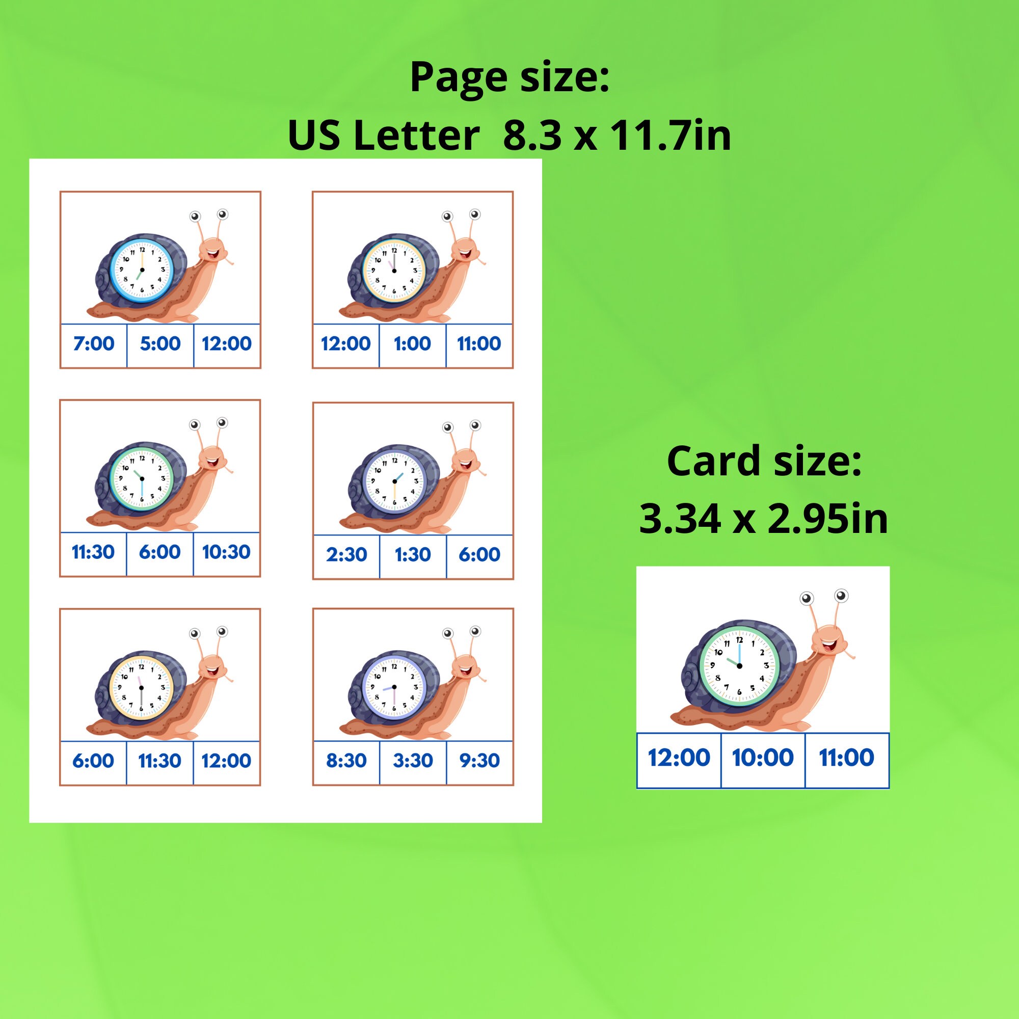 Kindergarten Math: Telling Time Clip Cards for Kids, Snail Analog Clock ...