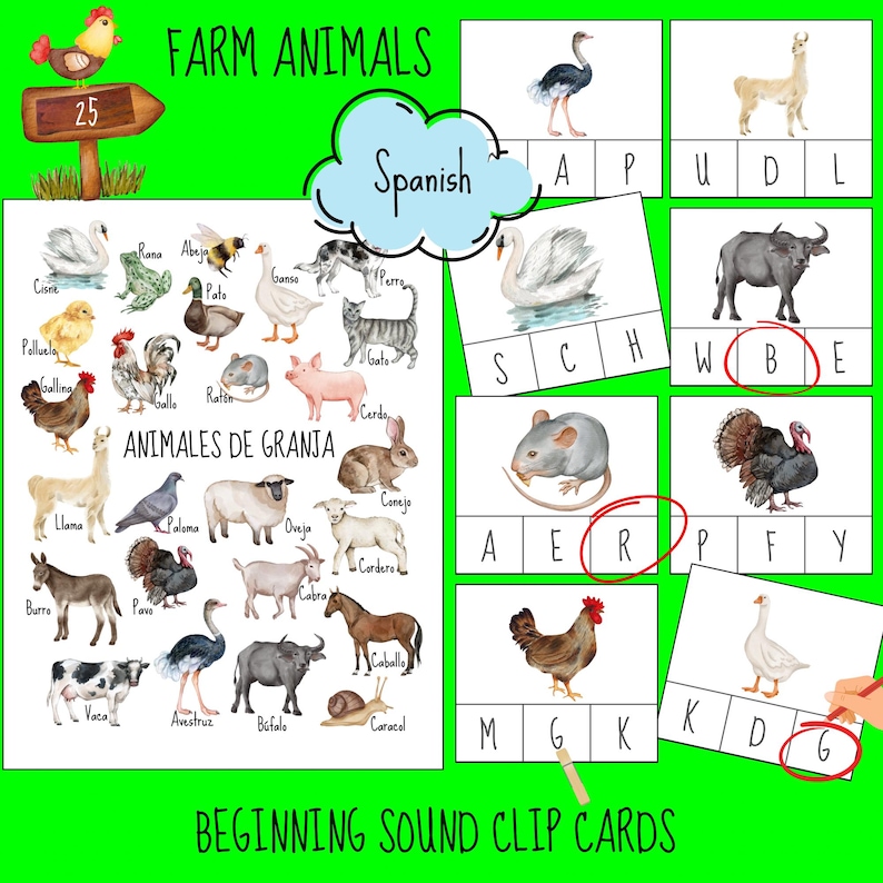 Spanish Phonics Clip Cards | Printable Farm Animal Beginning Sound ...