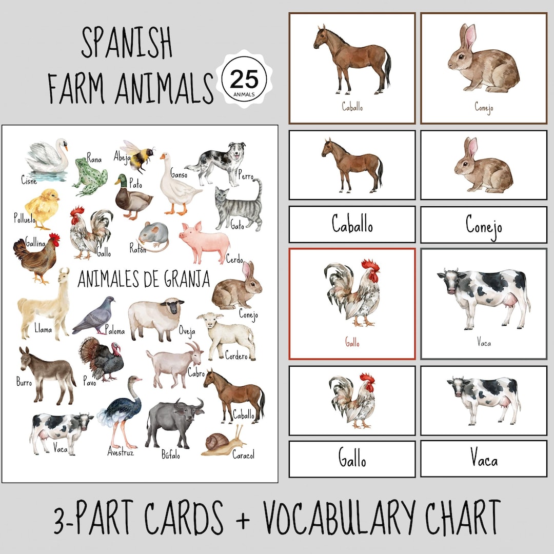 Learn Spanish Farm Animals - 3-part Cards & Vocabulary Chart PDF for ...