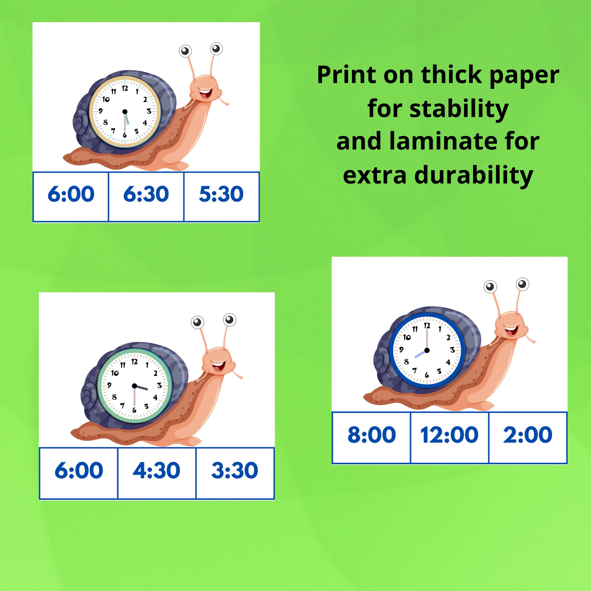 Kindergarten Math: Telling Time Clip Cards for Kids, Snail Analog Clock ...