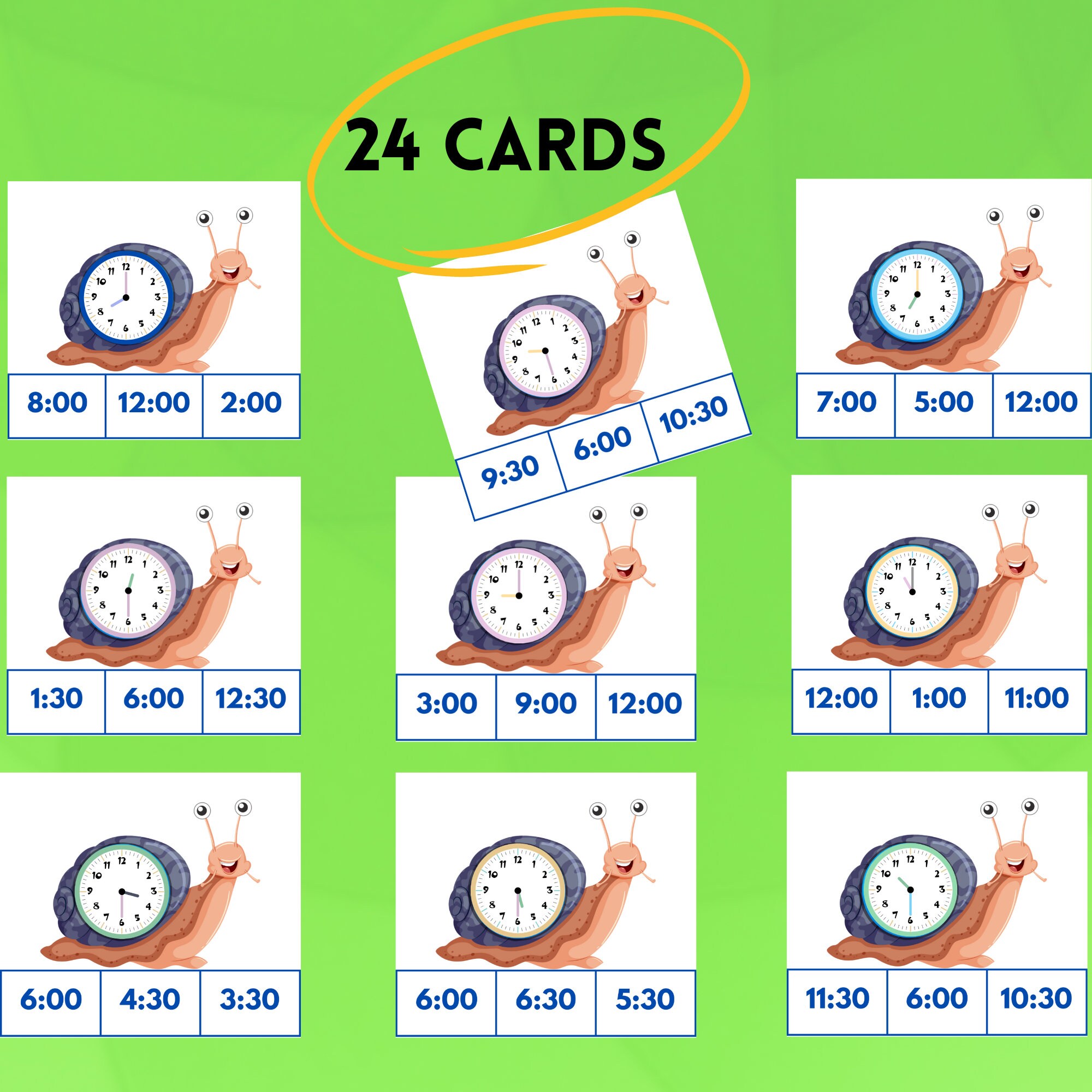 Kindergarten Math: Telling Time Clip Cards for Kids, Snail Analog Clock ...