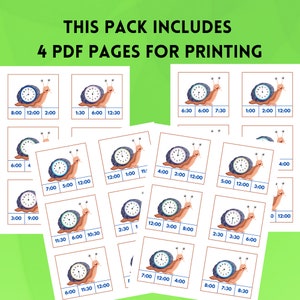 Kindergarten Math: Telling Time Clip Cards for Kids, Snail Analog Clock ...
