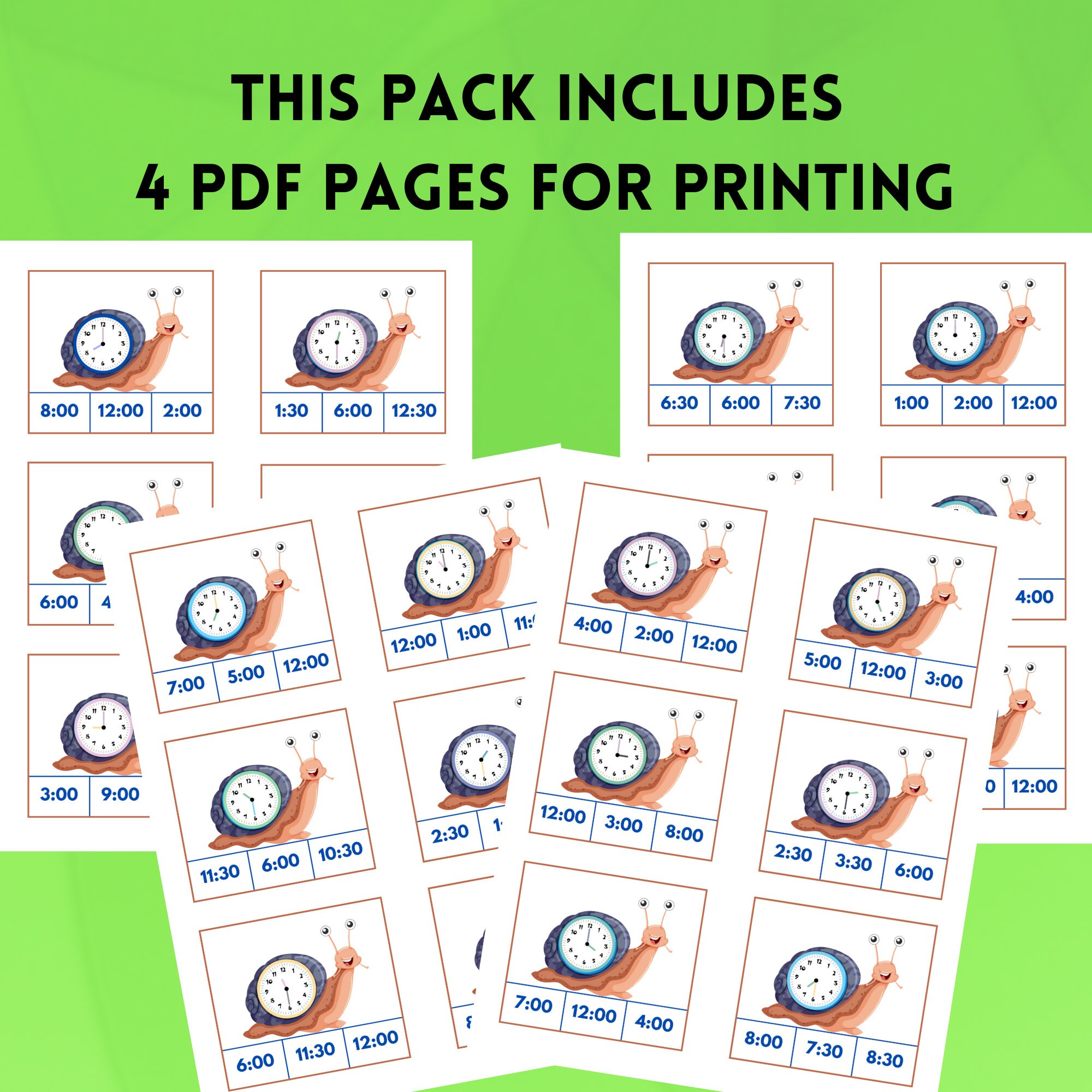 Kindergarten Math: Telling Time Clip Cards for Kids, Snail Analog Clock ...