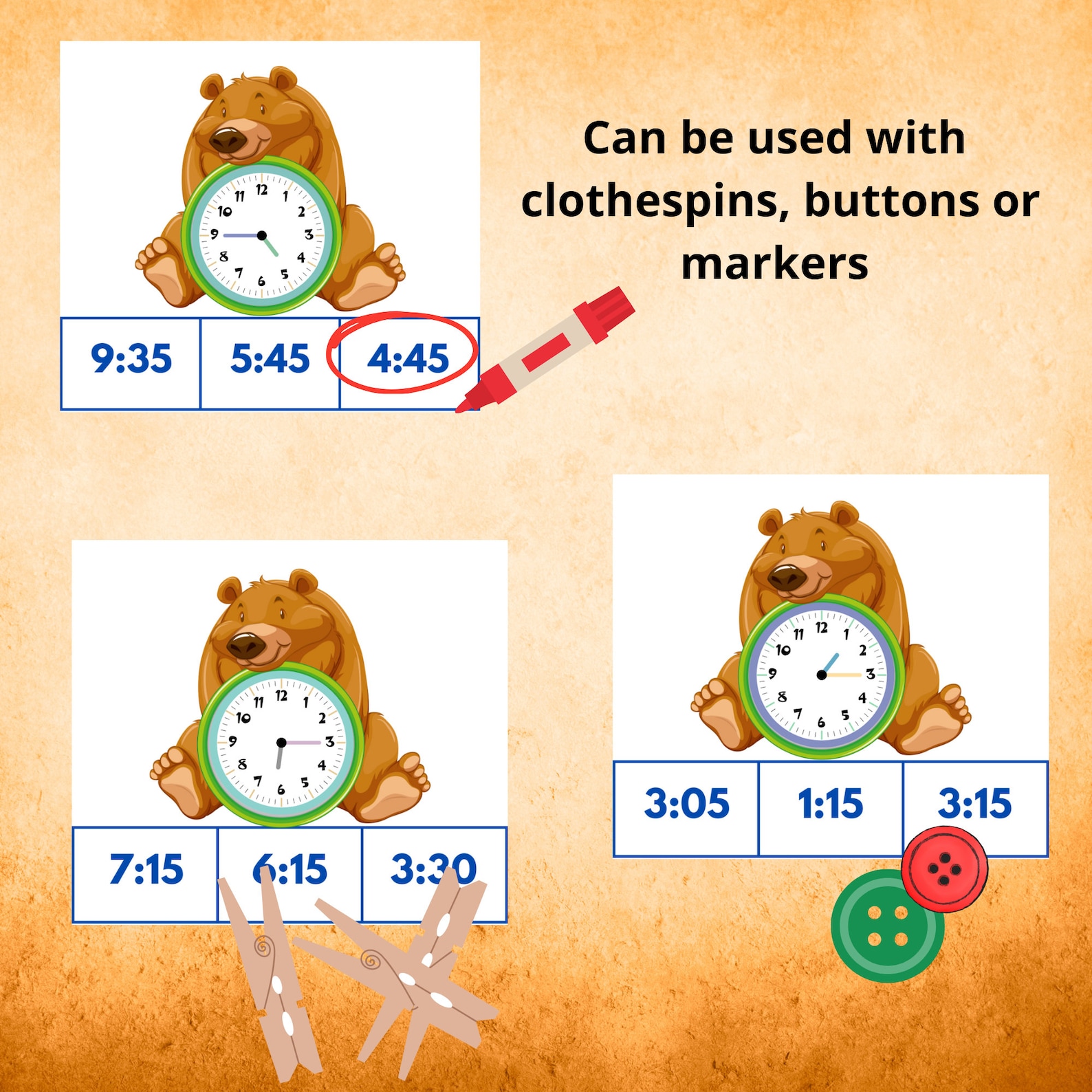 Bear Analog Telling Time Clip Cards, Homeschool Resources, Printable ...