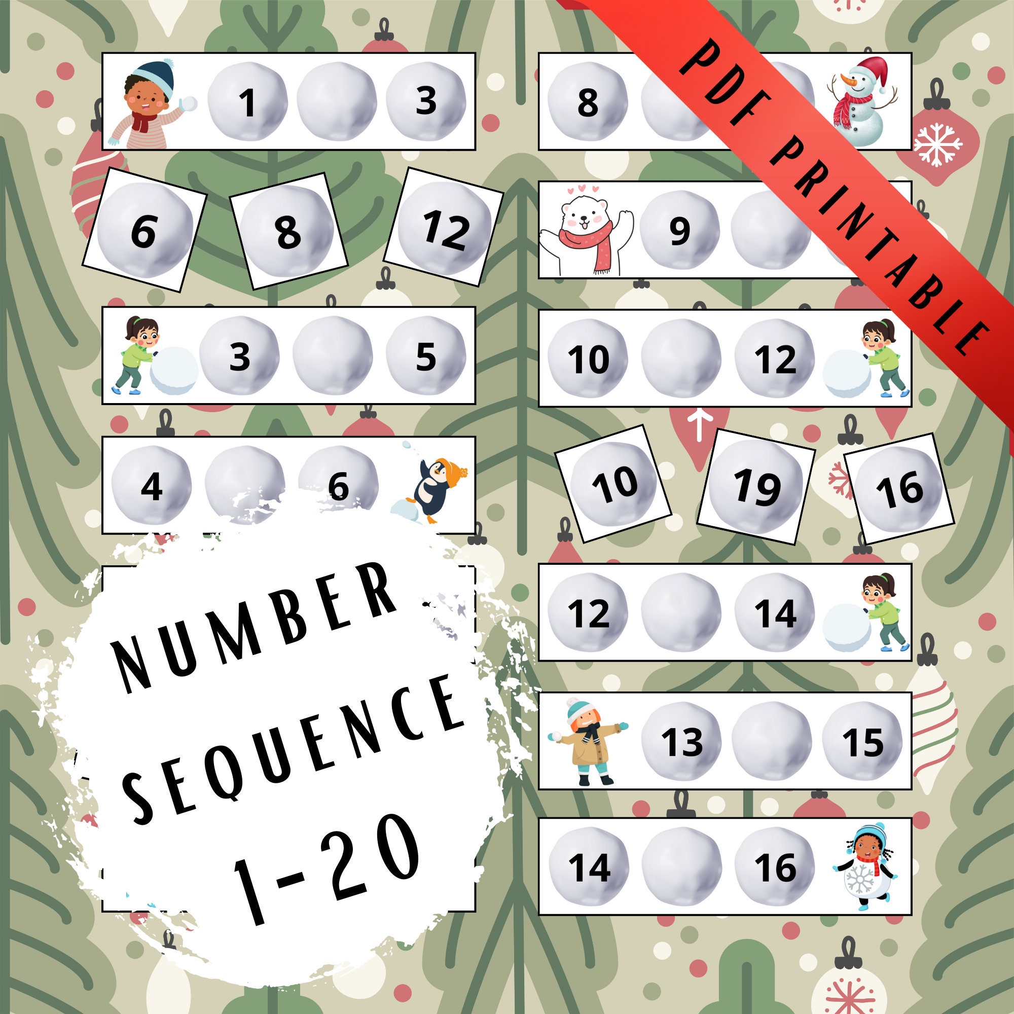 Winter Number Sequence Worksheets 1-20, Snowball Number Preschool ...