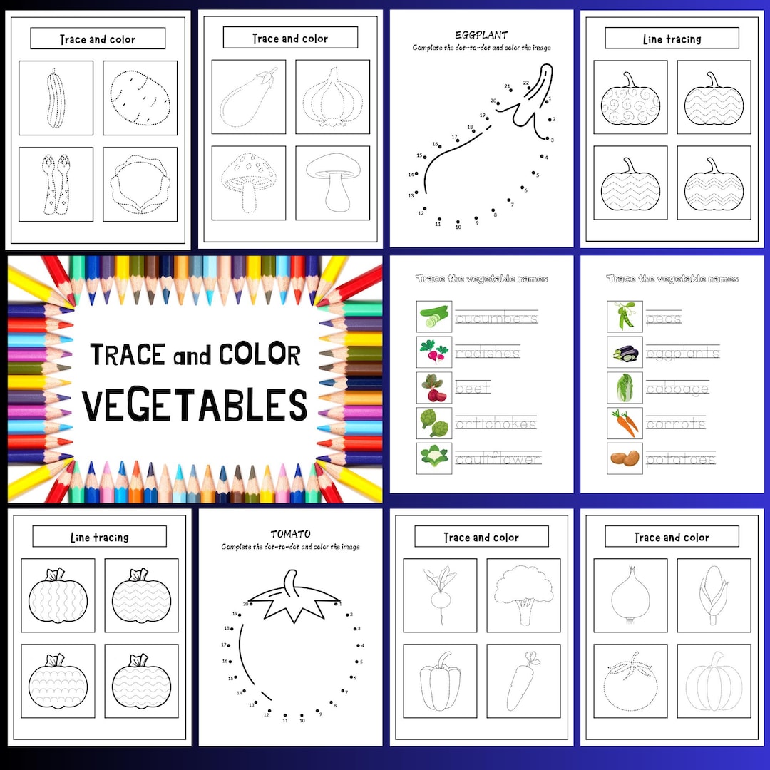 Trace and Color Printable Vegetable Worksheets for Kindergarten ...