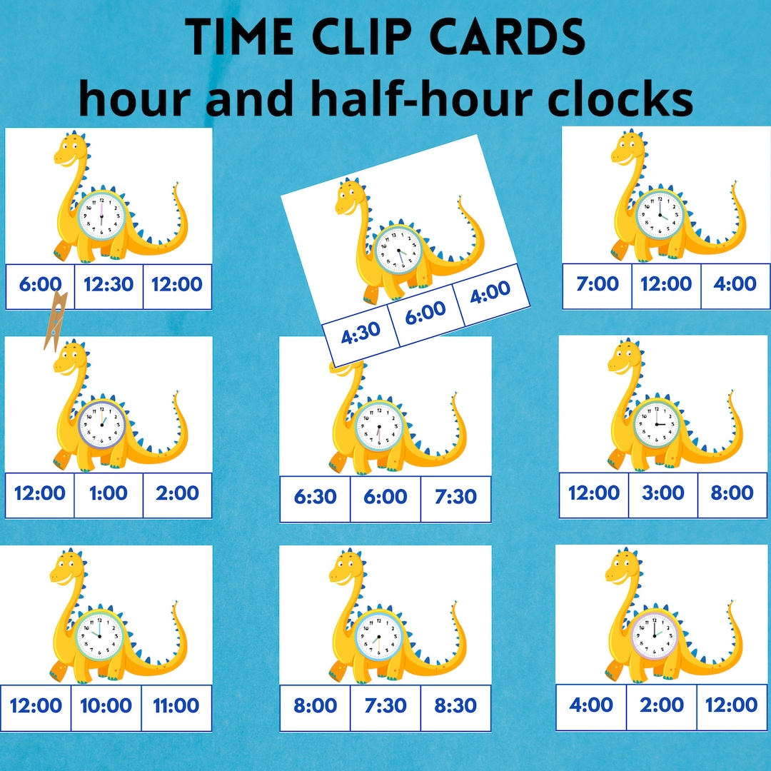 Telling Time Clip Cards With Dinosaur Theme | Printable Analog Clock ...