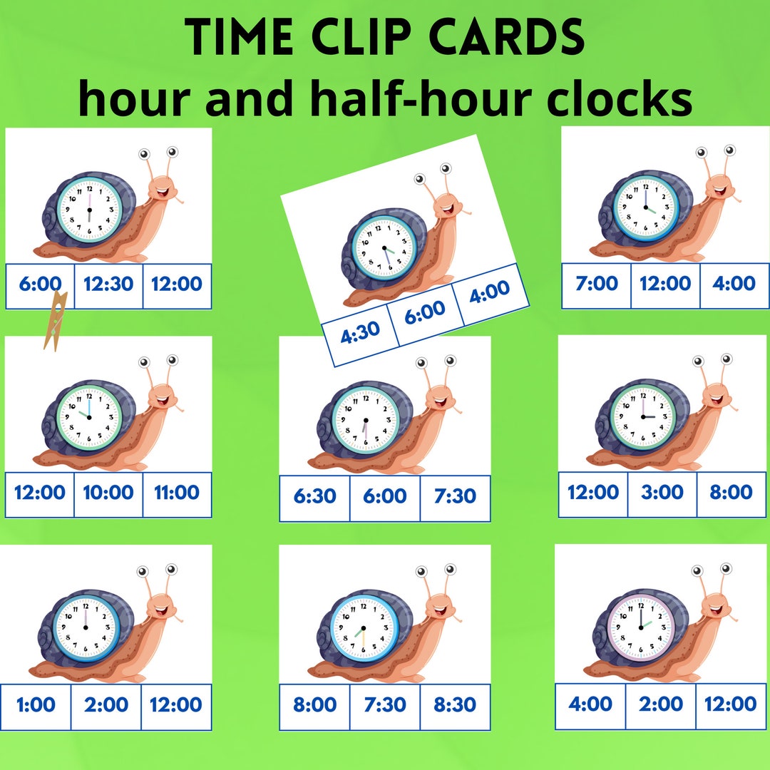 Kindergarten Math: Telling Time Clip Cards for Kids, Snail Analog Clock ...