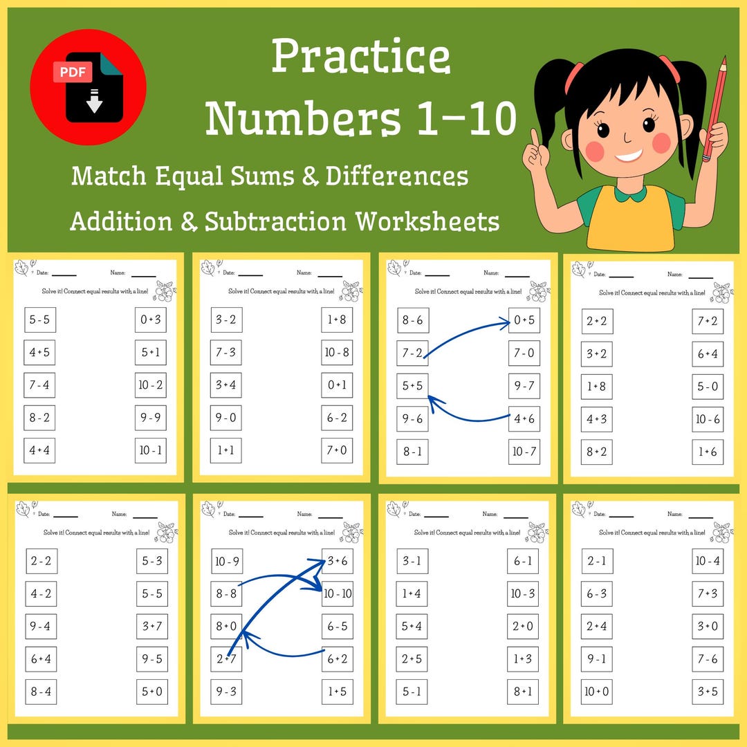 Numbers 1 to 10 Practice Worksheets | Addition & Subtraction Matching ...