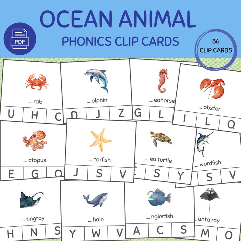 Phonics Clip Cards – Ocean Animal Beginning Sounds | Alphabet Activity ...