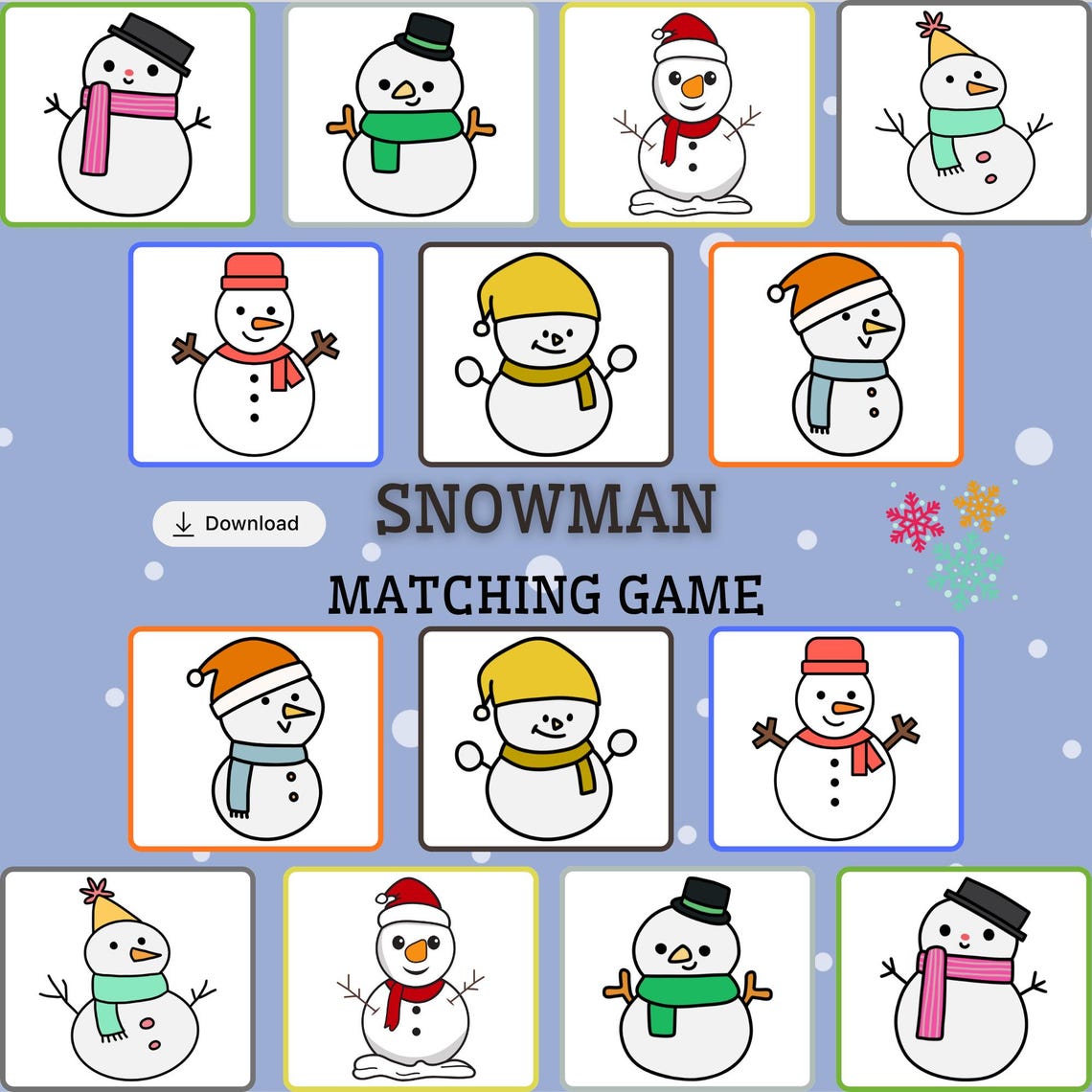 Snowman Color Matching Cards Printable Winter Activity for Kids PDF - Etsy