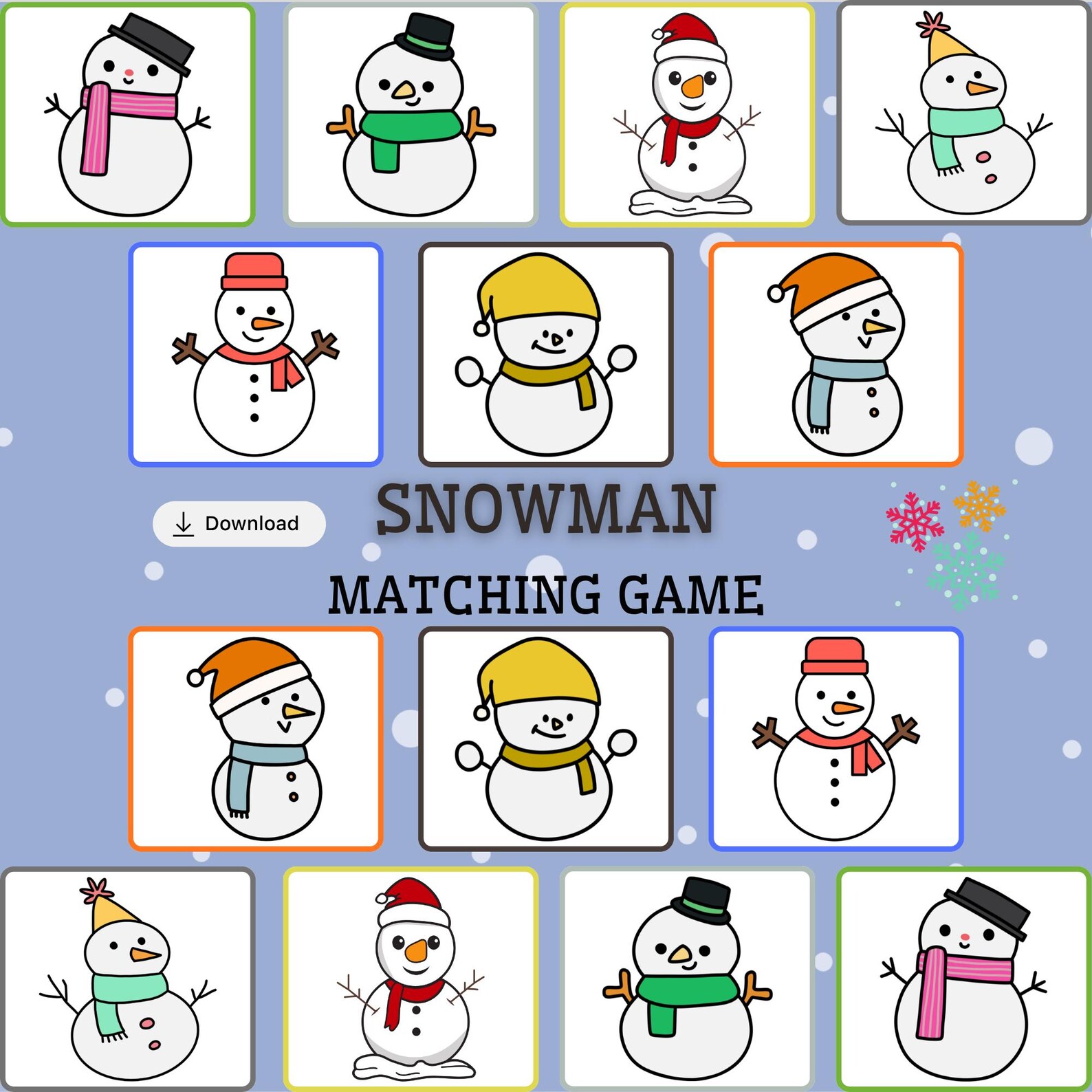 Snowman Color Matching Cards Printable Winter Activity for Kids PDF - Etsy