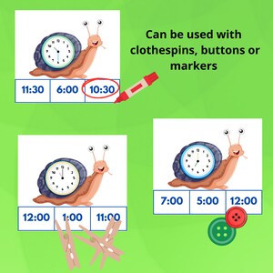 Kindergarten Math: Telling Time Clip Cards for Kids, Snail Analog Clock ...