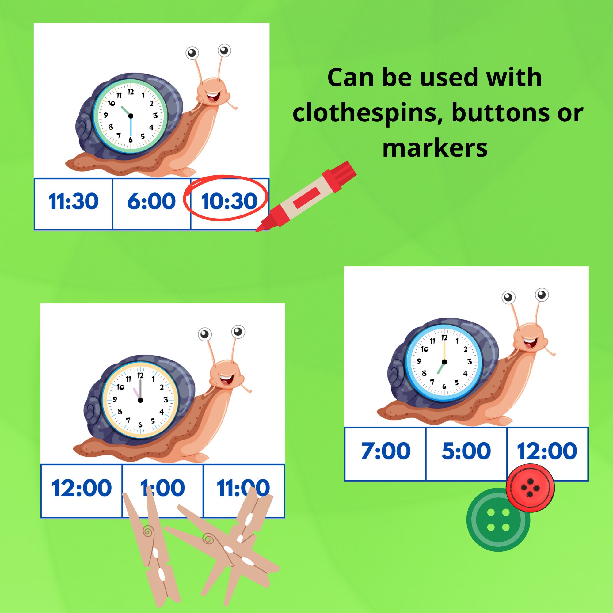 Kindergarten Math: Telling Time Clip Cards for Kids, Snail Analog Clock ...