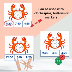Crab Printable Telling Time Clip Cards | Analog Clock Activity to Learn ...