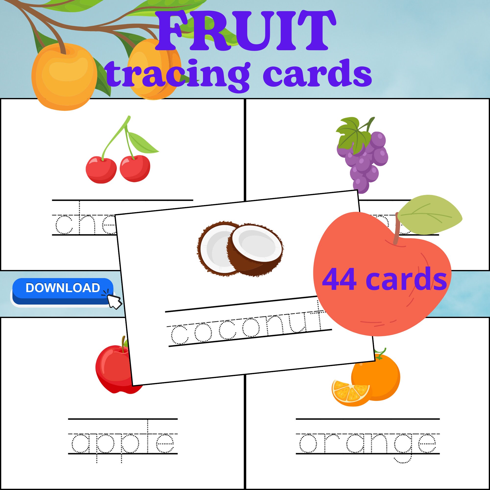 Fruit Word Tracing Flashcards | Learn Fruit Names & Practice Writing ...