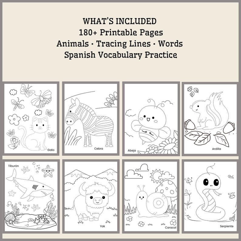 Spanish Tracing Worksheets Animals | Preschool Printable PDF | Fine ...
