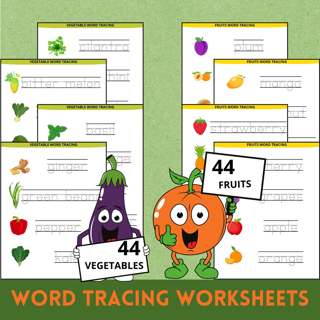 Fruits and Vegetables Word Tracing Worksheets, Preschool, Kindergarten ...