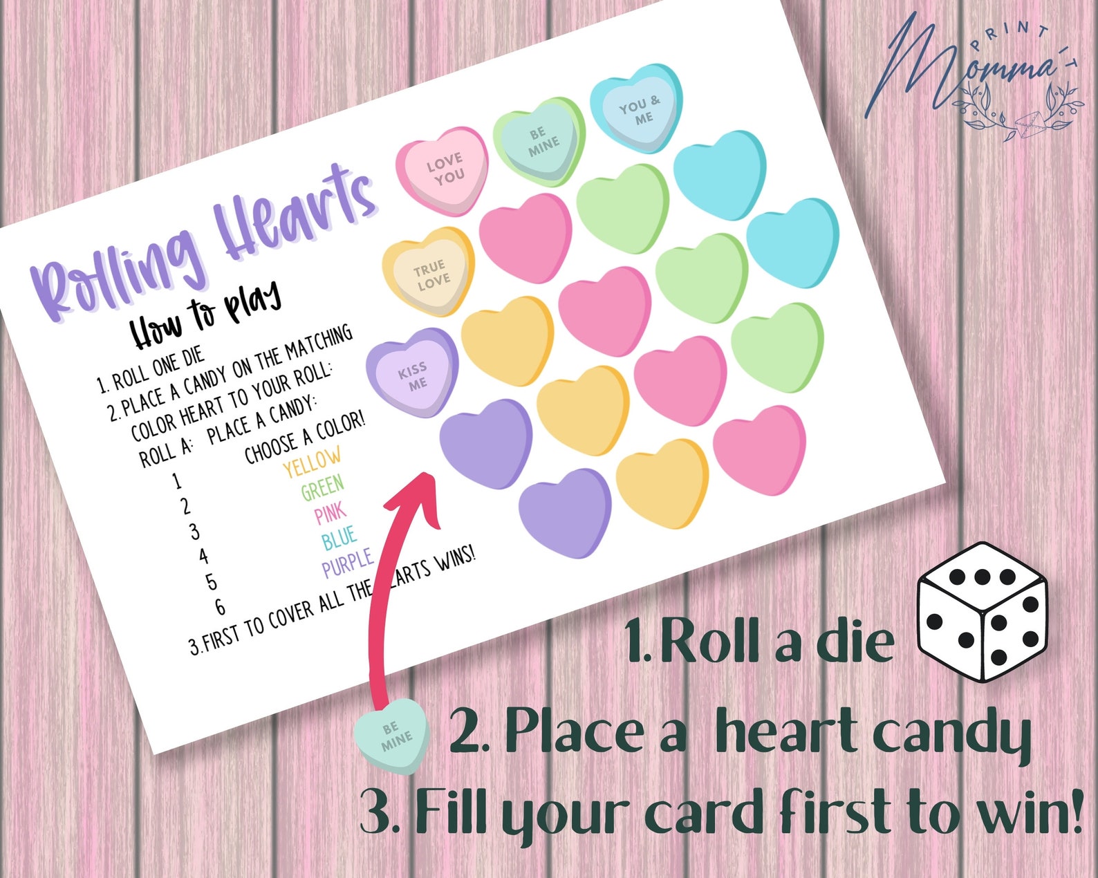 Valentine's Day Kids Rolling Hearts Game Printable | Heart Candy Dice ...