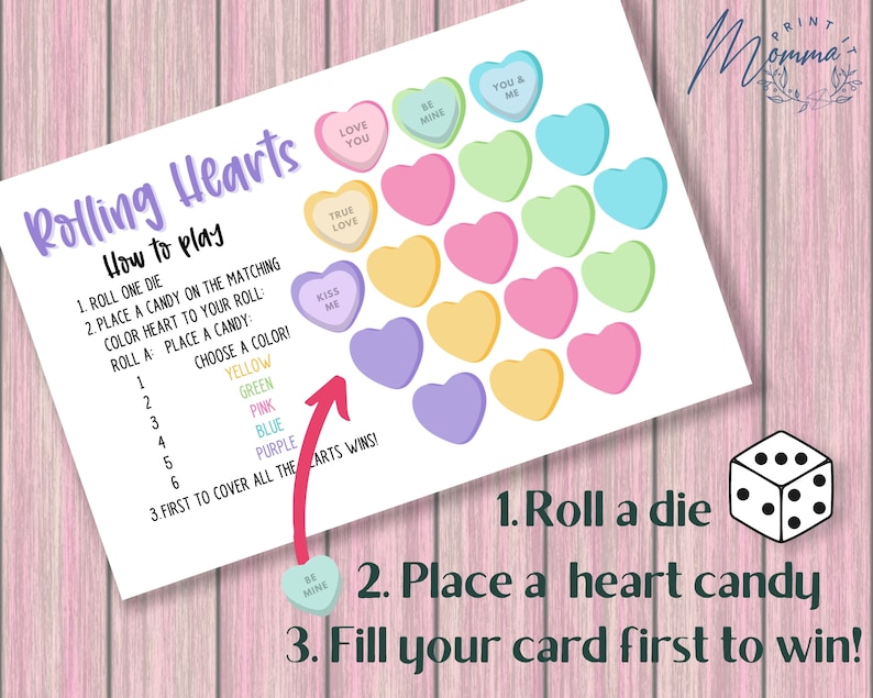 Valentine's Day Kids Rolling Hearts Game Printable | Heart Candy Dice ...