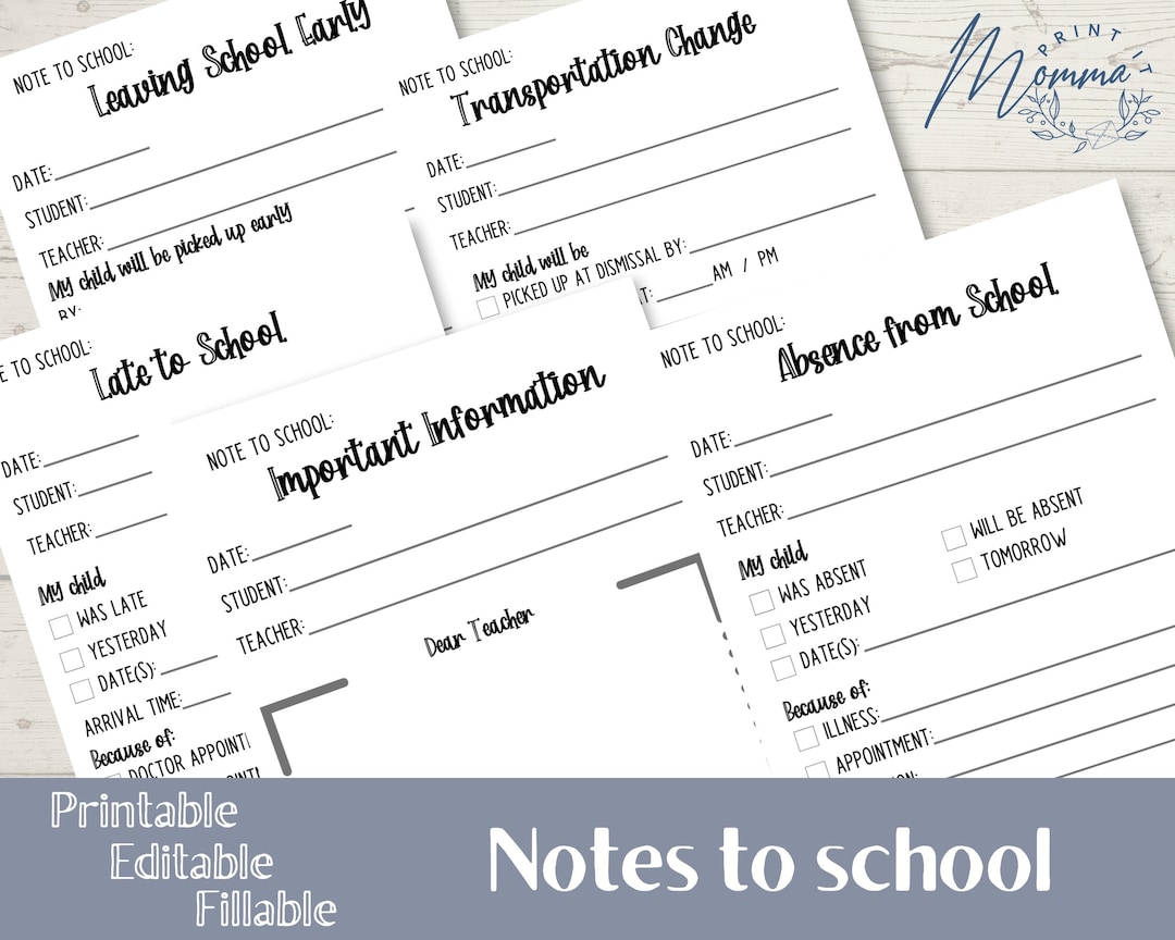 Note to School | Note for School Absence | Excuse Note to School ...