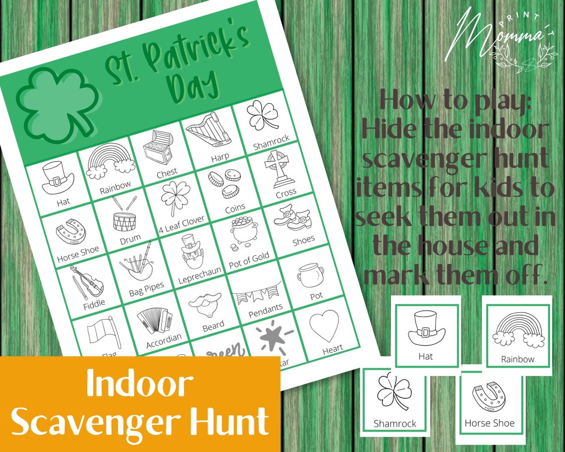 St. Patrick's Day Kids Bingo and Indoor Scavenger Hunt Printable | St ...