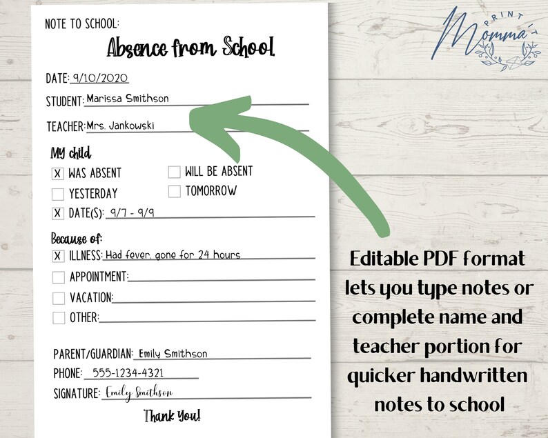 Note to School | Note for School Absence | Excuse Note to School ...