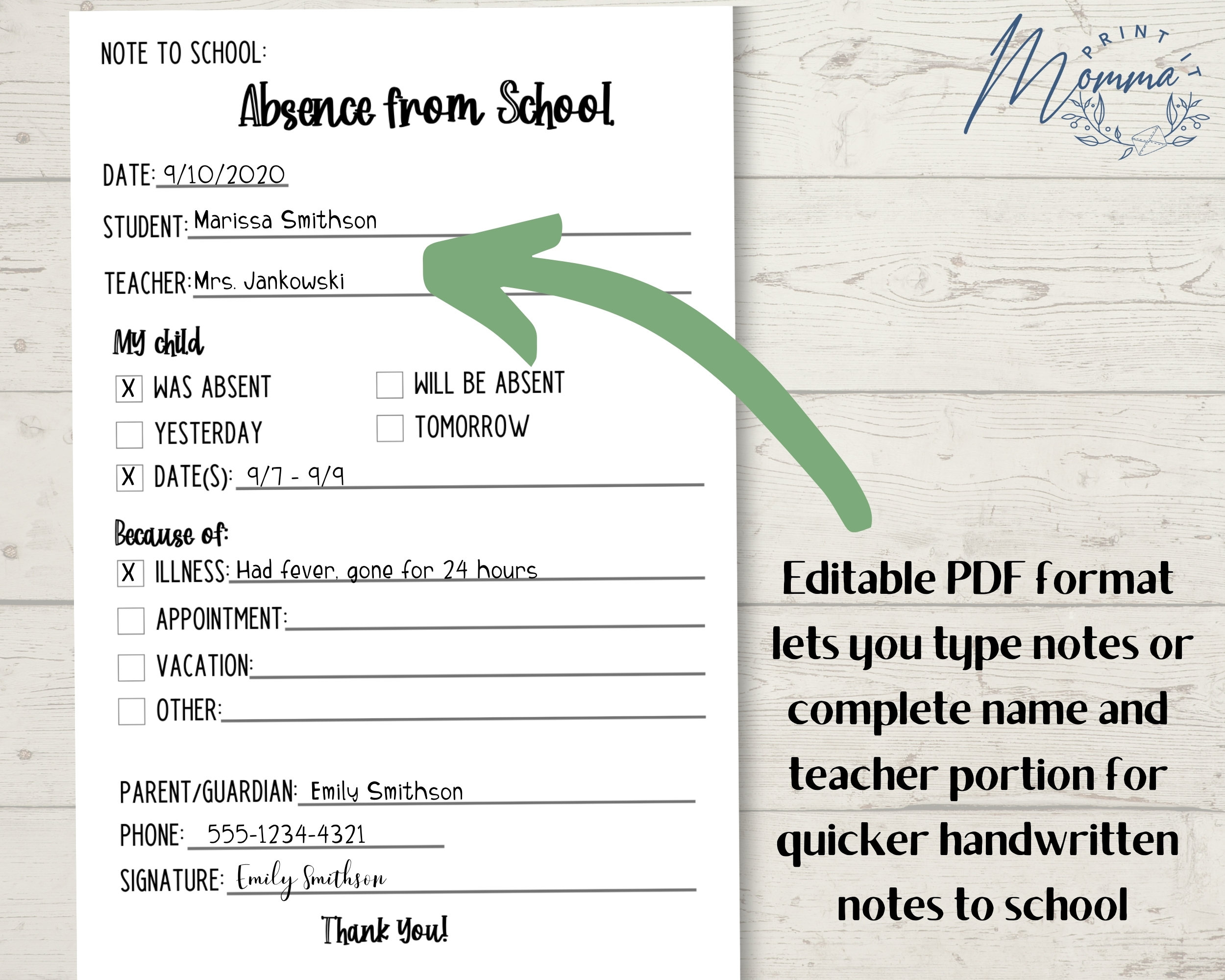 Note to School | Note for School Absence | Excuse Note to School ...