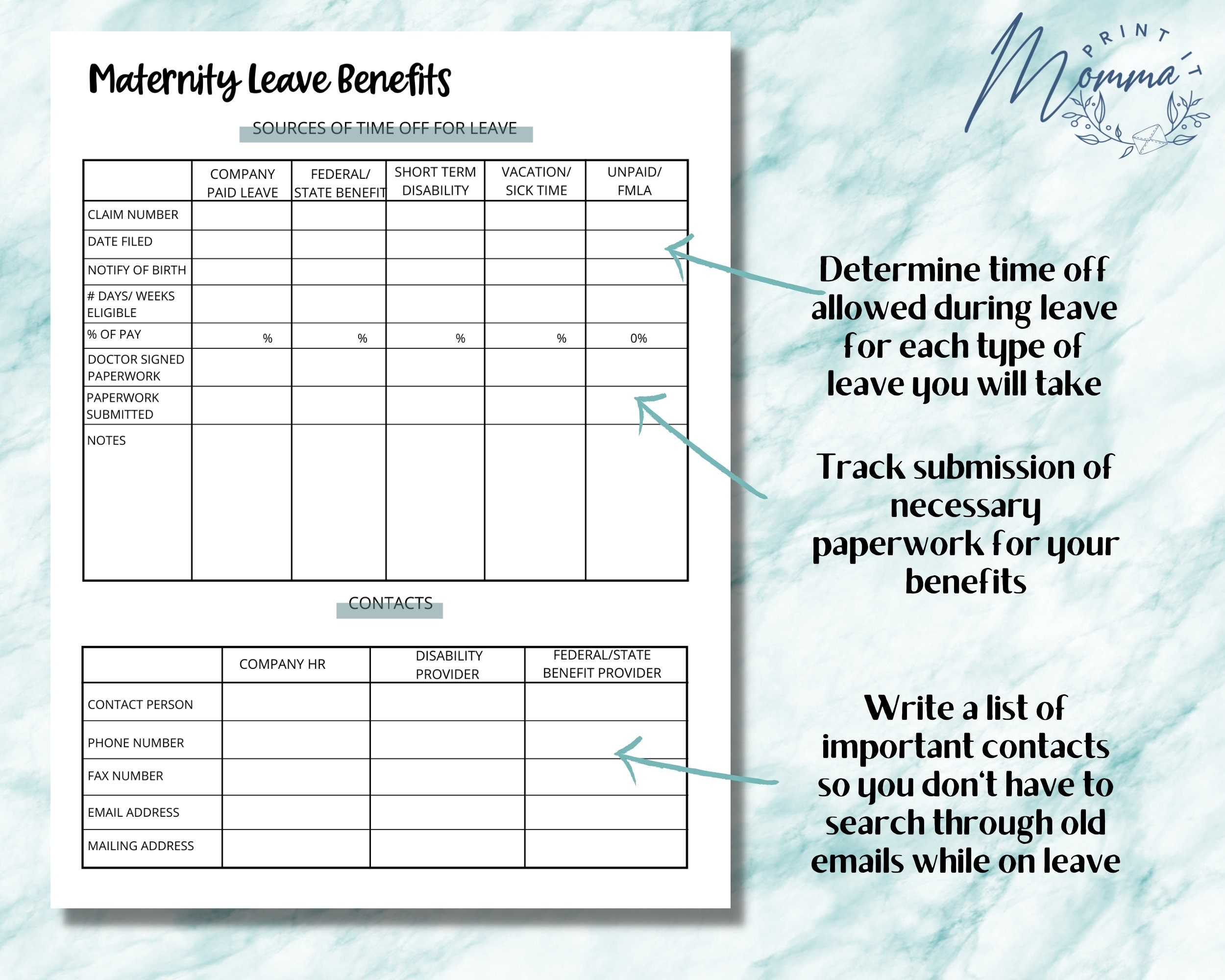 Maternity Leave Benefits Tracker Printable | Fillable Work Family Leave ...