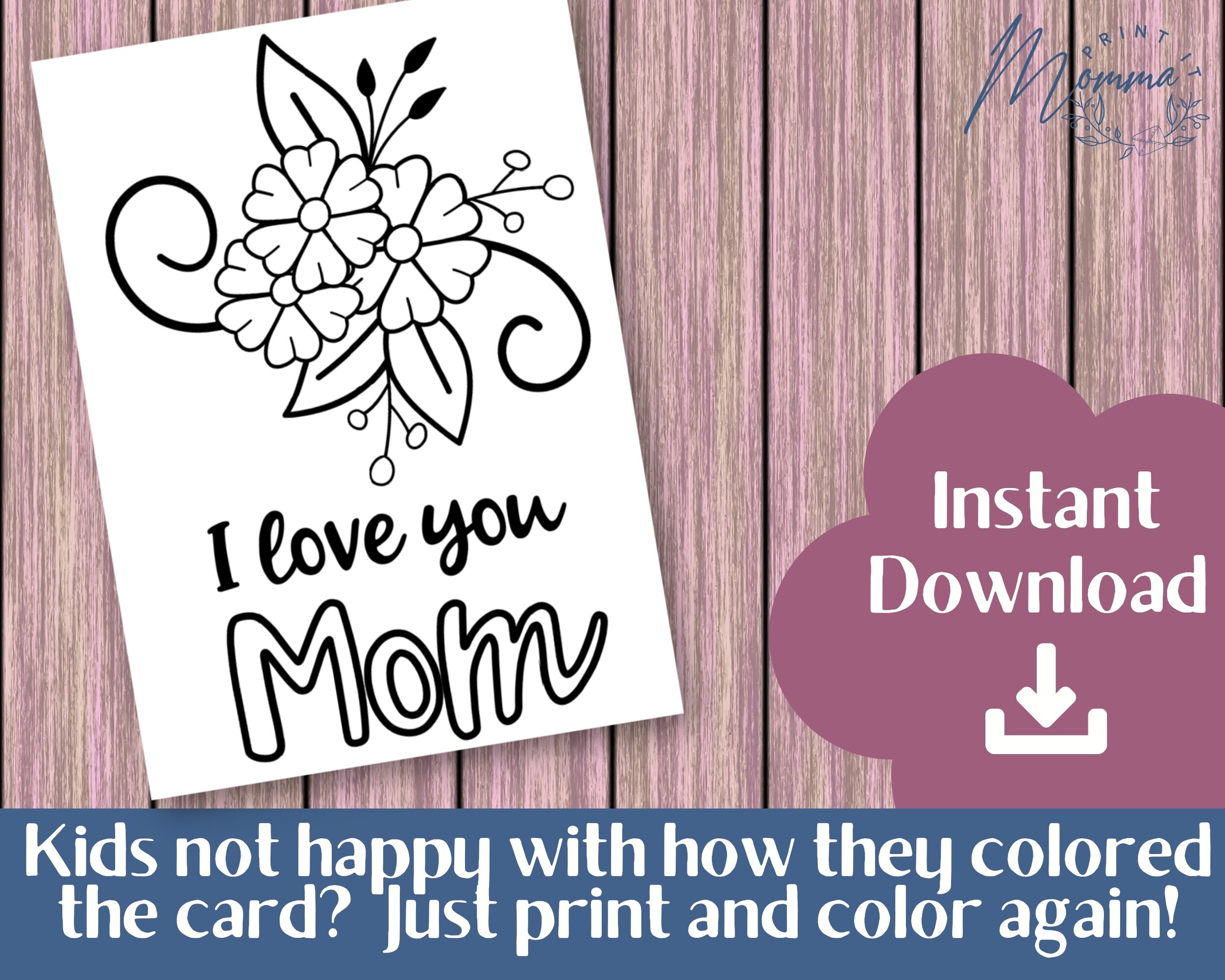 Mother's Day Coloring Card Printable | Kids Coloring DIY Card Digital ...