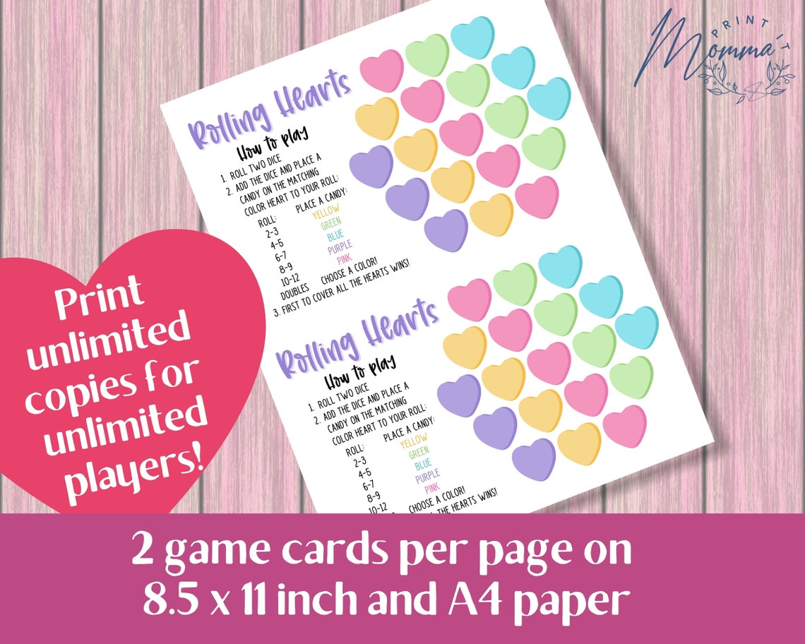 Valentine's Day Kids Rolling Hearts Game Printable Heart - Etsy