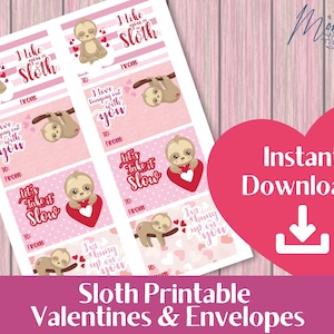 Valentine Cards and Envelopes Set Sloth Print at Home | DIY Kids Sloth ...