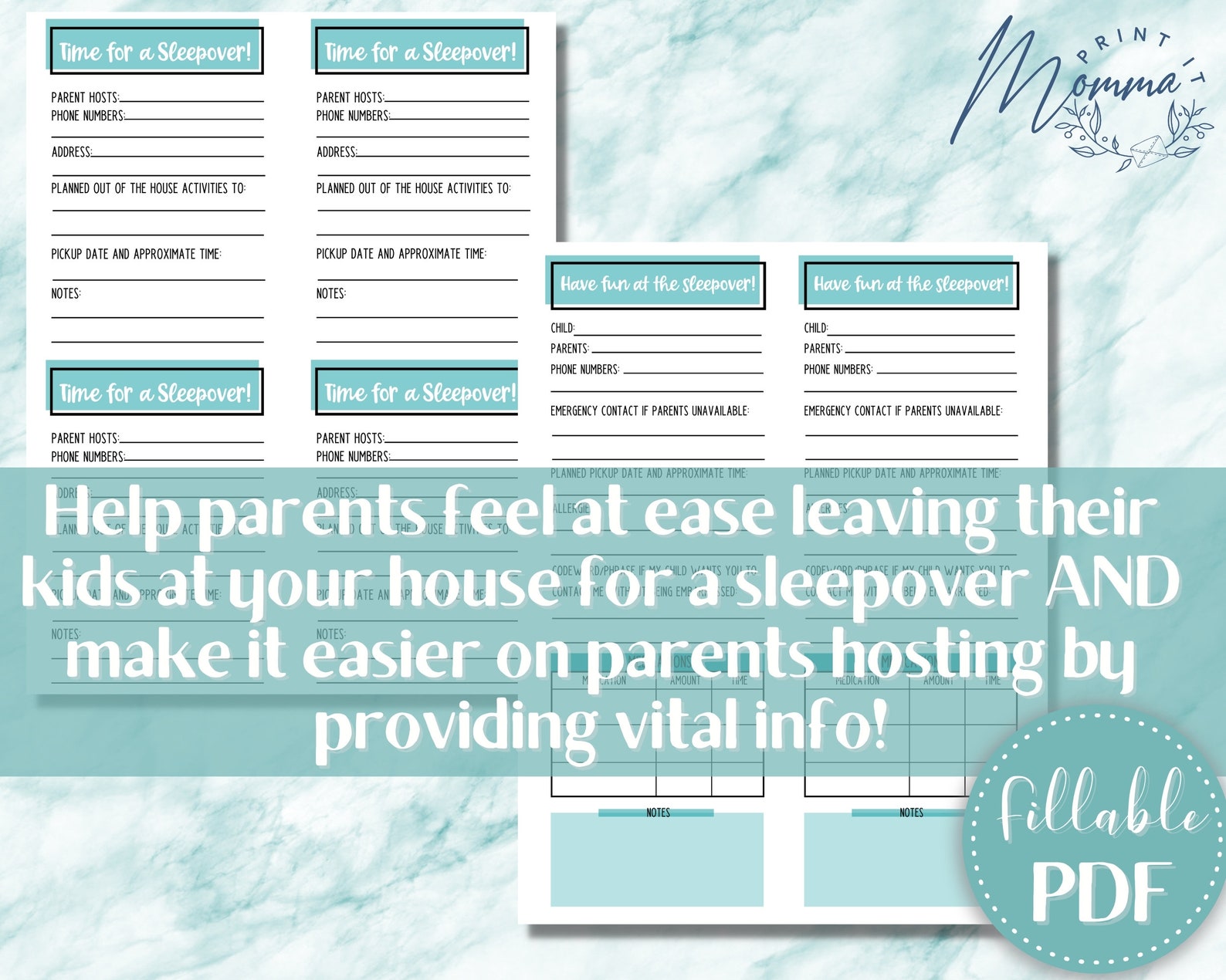 Sleepover Notes for Parents Printable | Slumber Party Information Pages ...