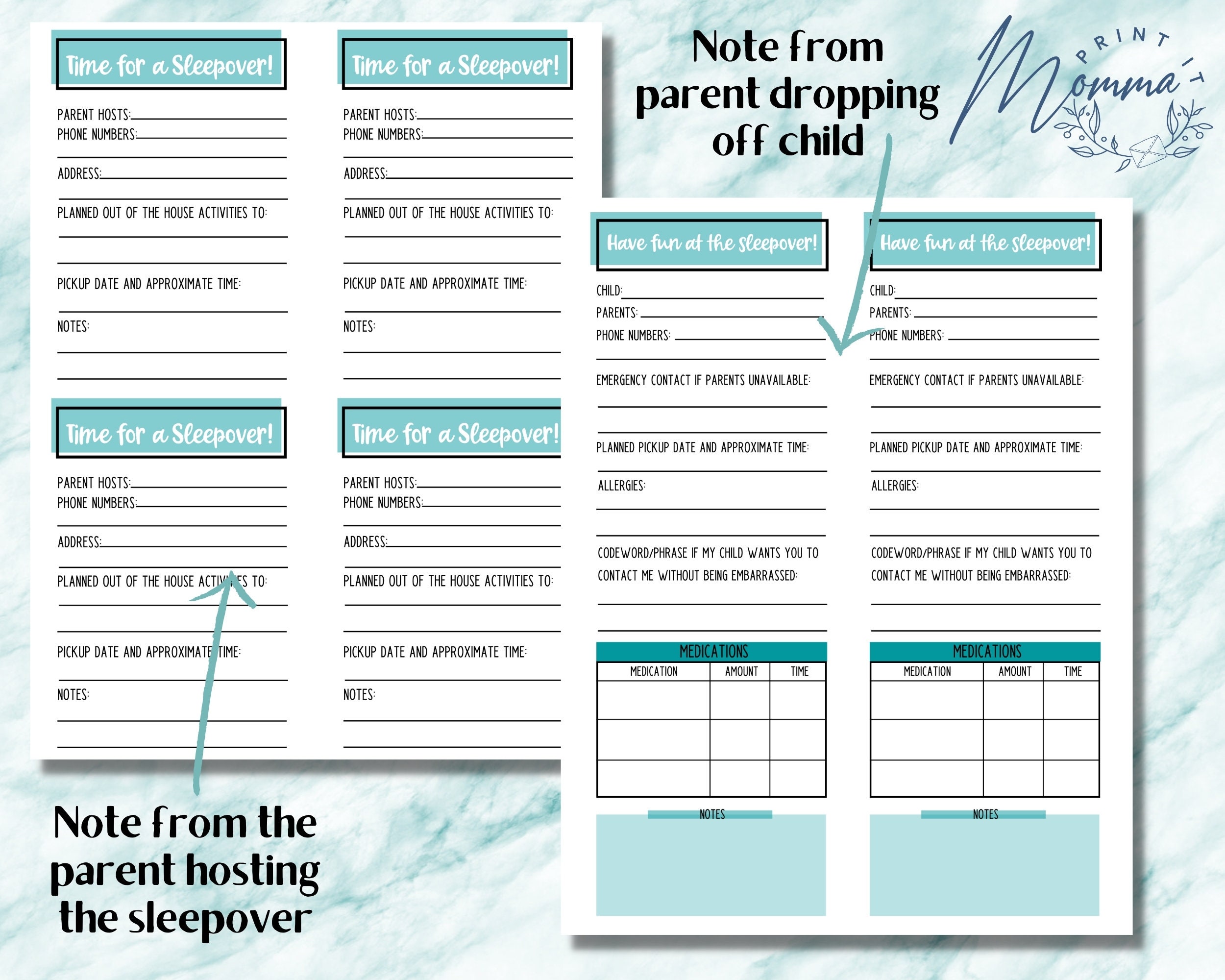 Sleepover Notes for Parents Printable | Slumber Party Information Pages ...