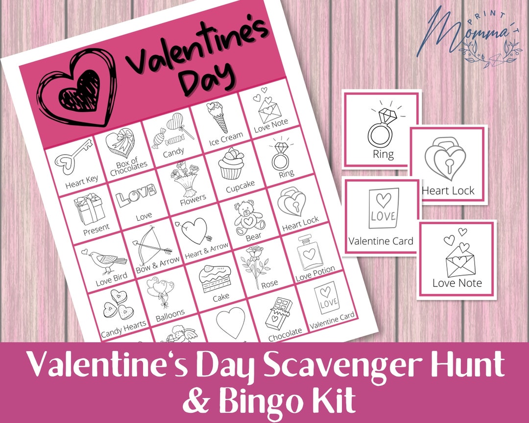 Valentine's Day Bingo Kit Printable | Kid's Valentine's Day Scavenger ...