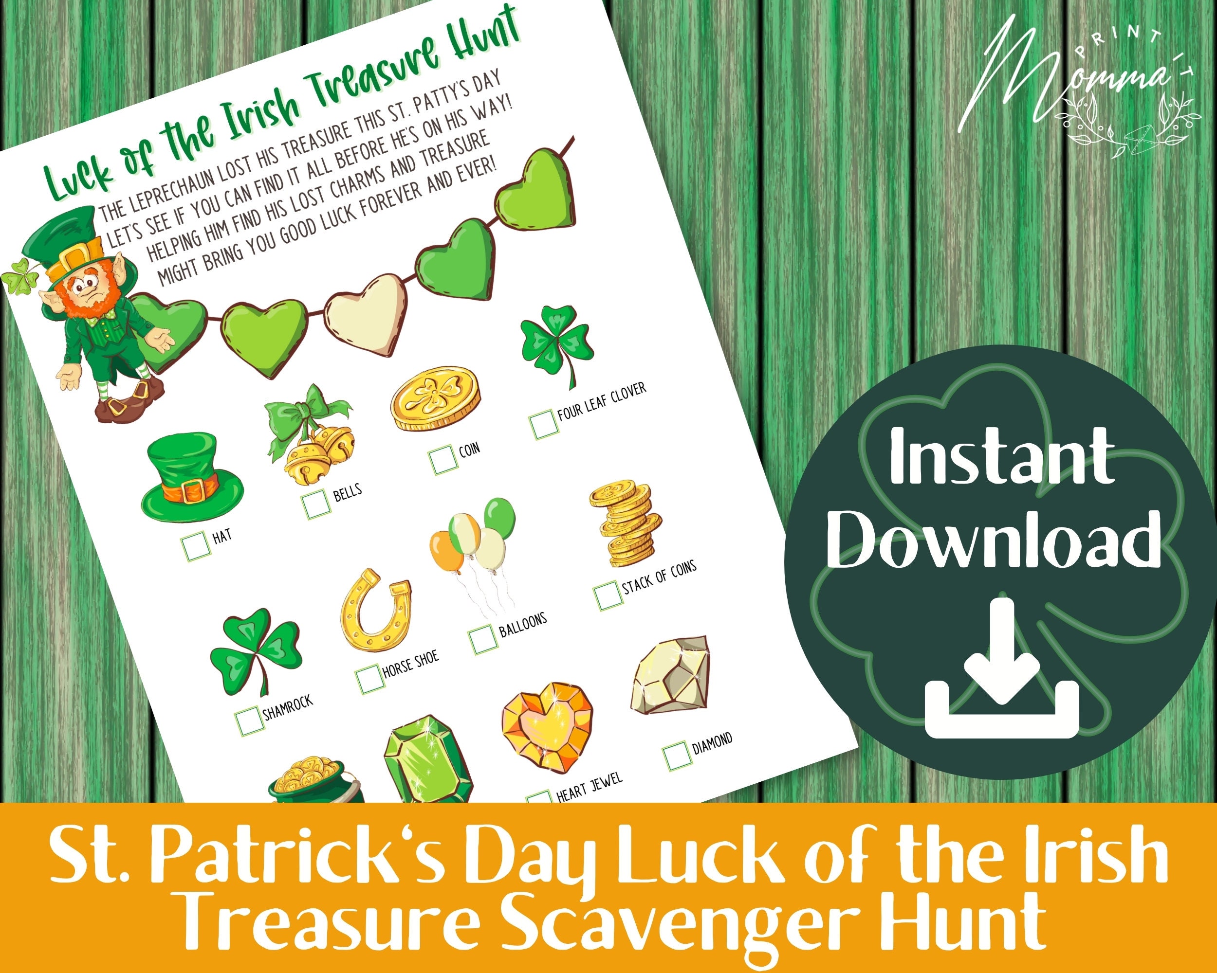 St. Patrick's Day Kids Scavenger Hunt Printable St. Patty's Day Luck of ...