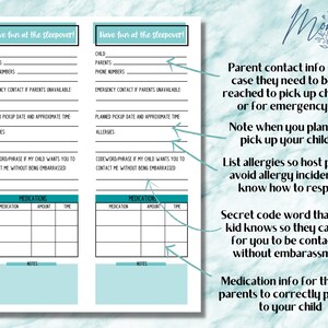 Sleepover Notes for Parents Printable | Slumber Party Information Pages ...