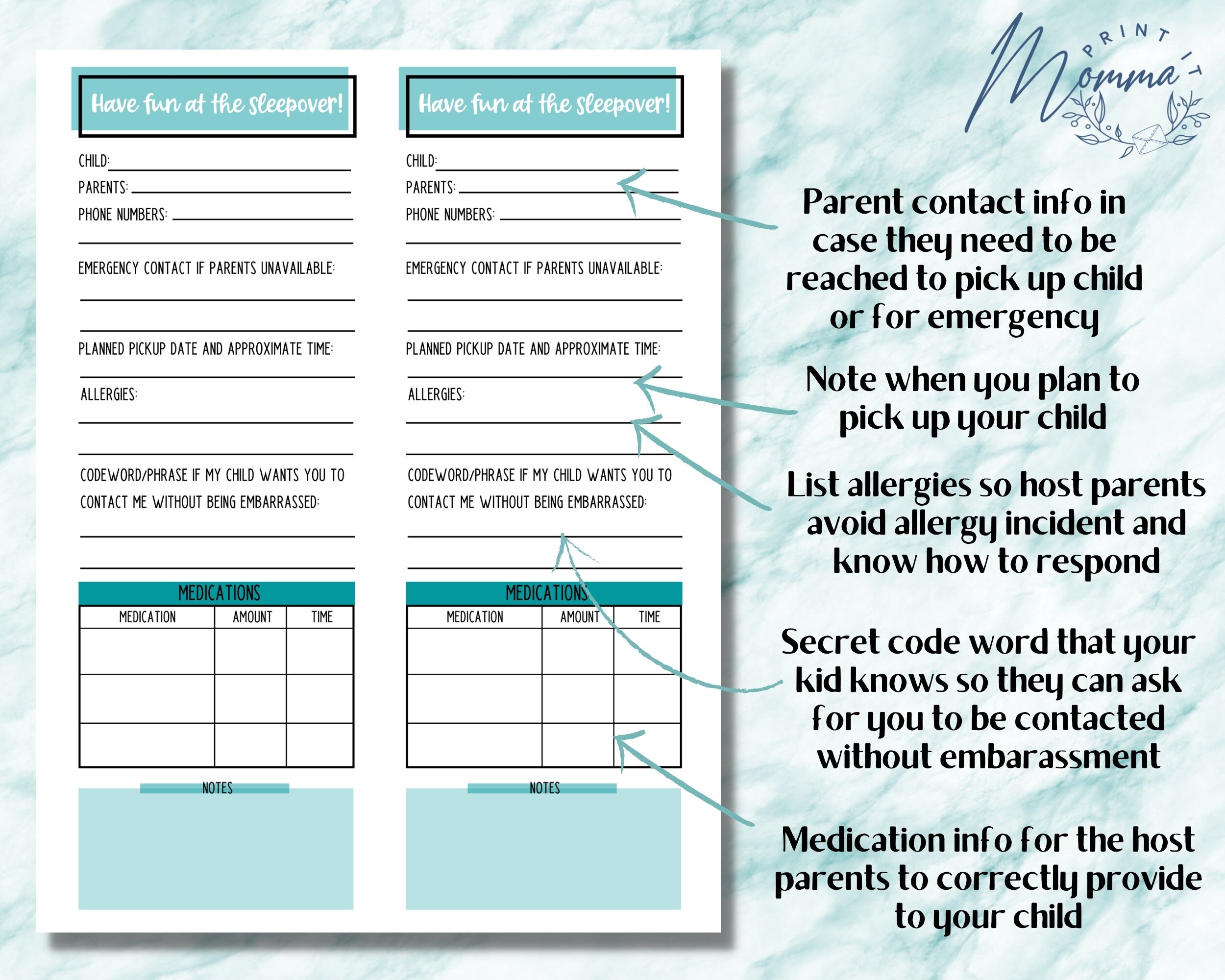 Sleepover Notes for Parents Printable | Slumber Party Information Pages ...