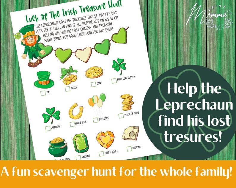 St. Patrick's Day Kids Scavenger Hunt Printable St. Patty's Day Luck of ...