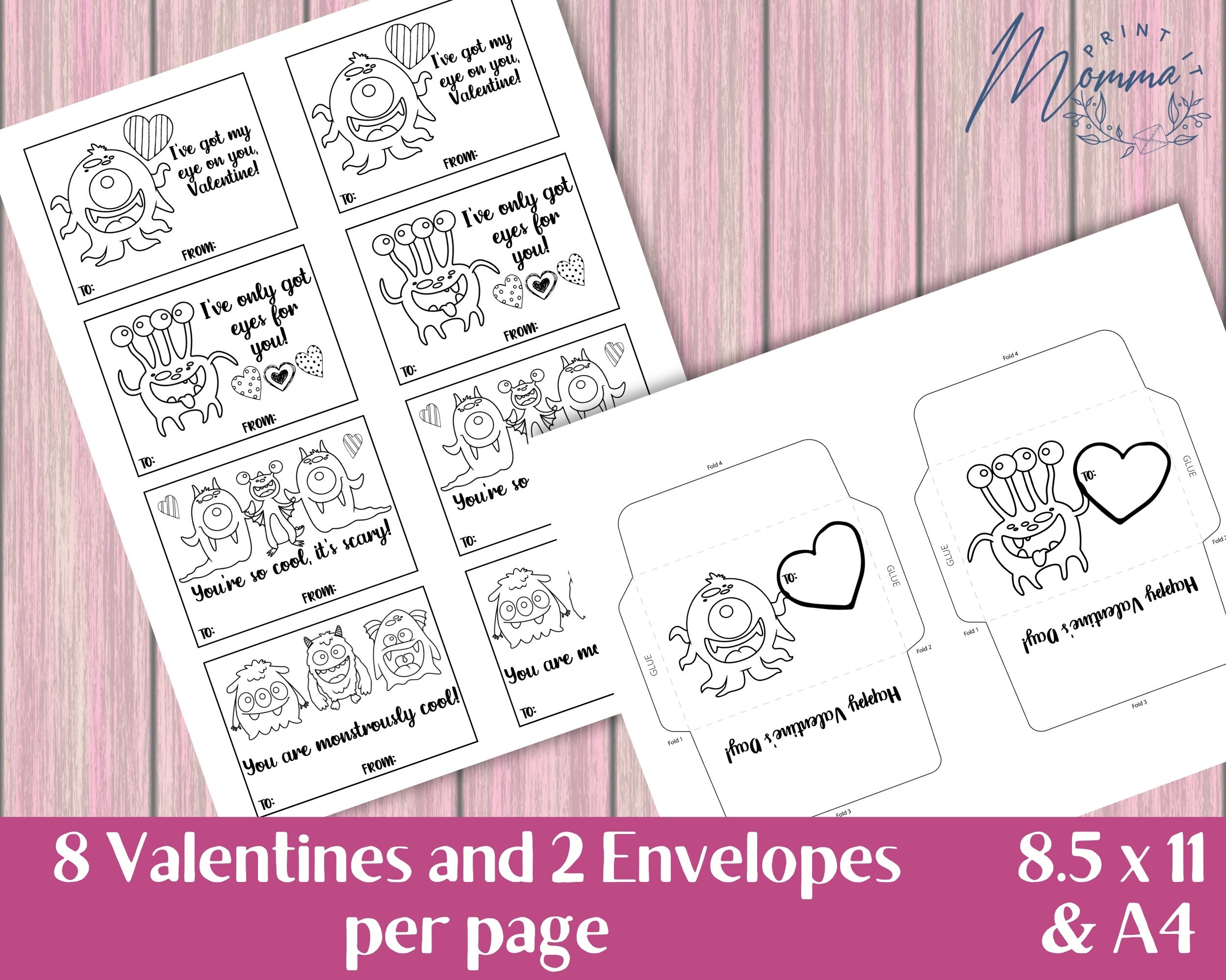 Valentine Cards and Envelopes Set Monsters Print and Color - Etsy