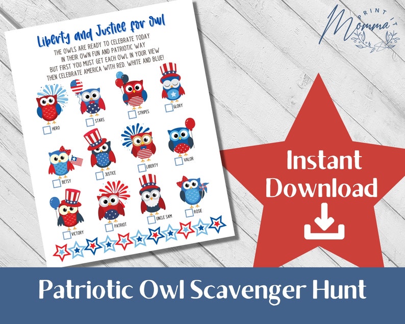 Scavenger Hunt Patriotic Owls Printable | 4th of July Kids Activity ...