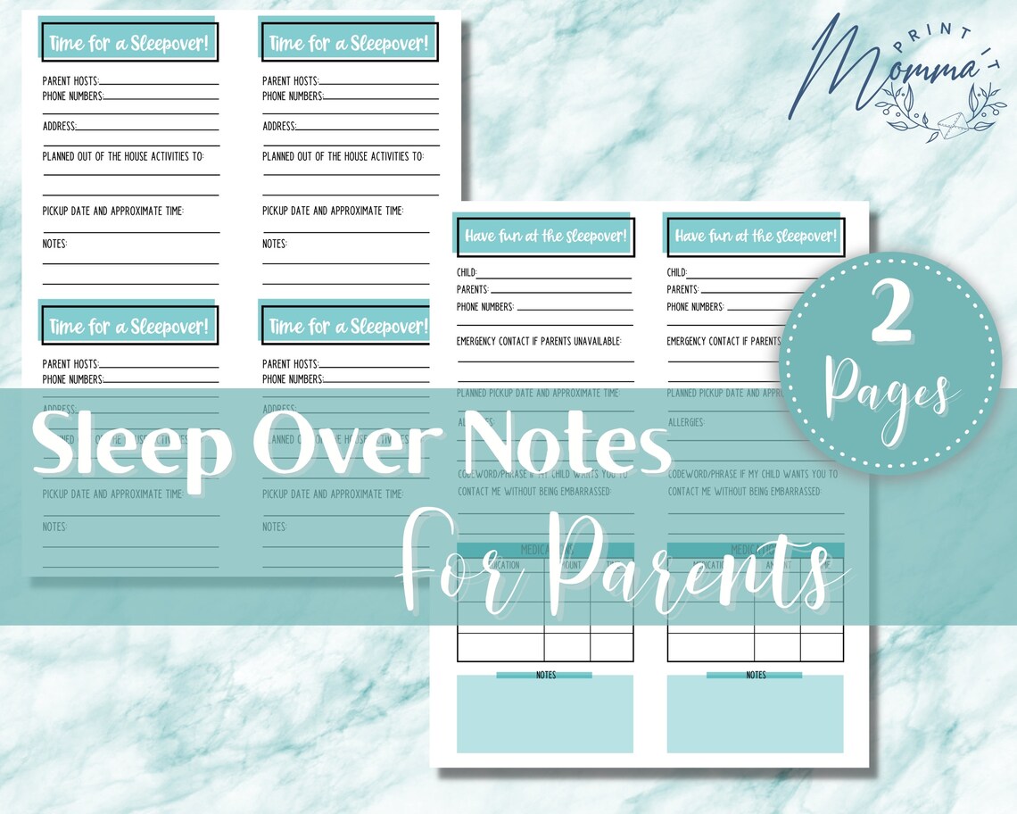 Sleepover Notes for Parents Printable Slumber Party - Etsy