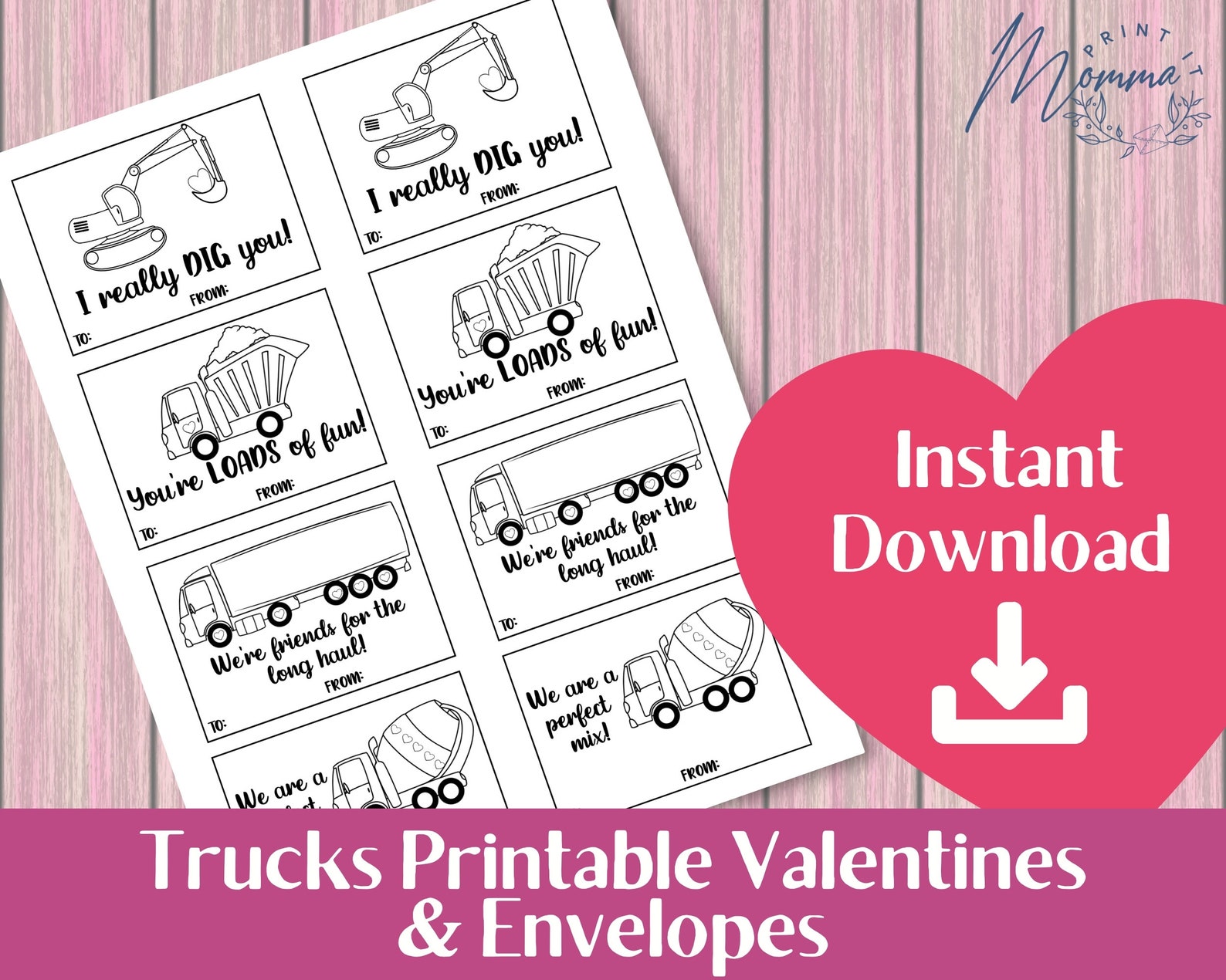 Valentine Cards and Envelopes Set Trucks Print and Color | DIY Kids ...