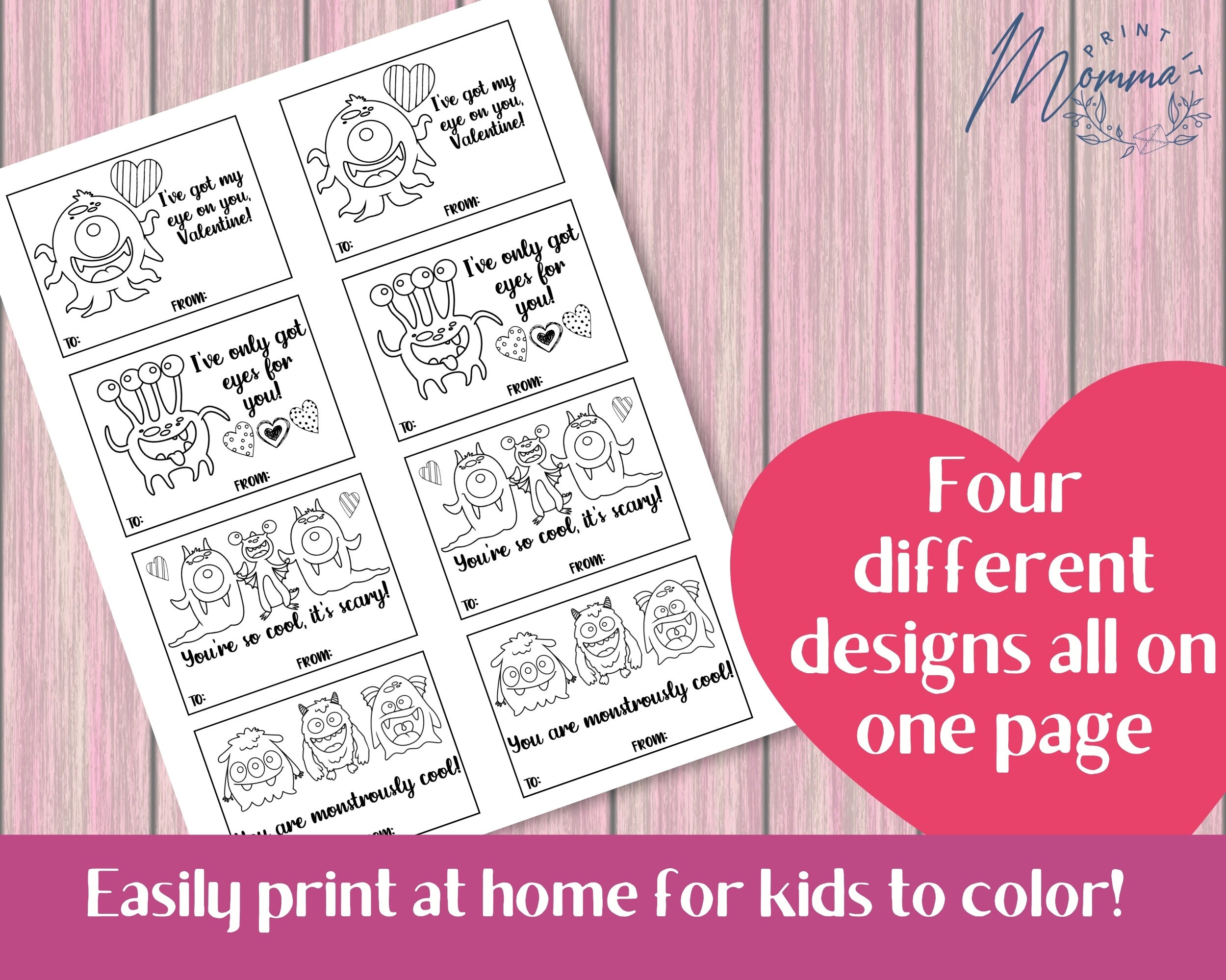 Valentine Cards and Envelopes Set Monsters Print and Color DIY Kids ...