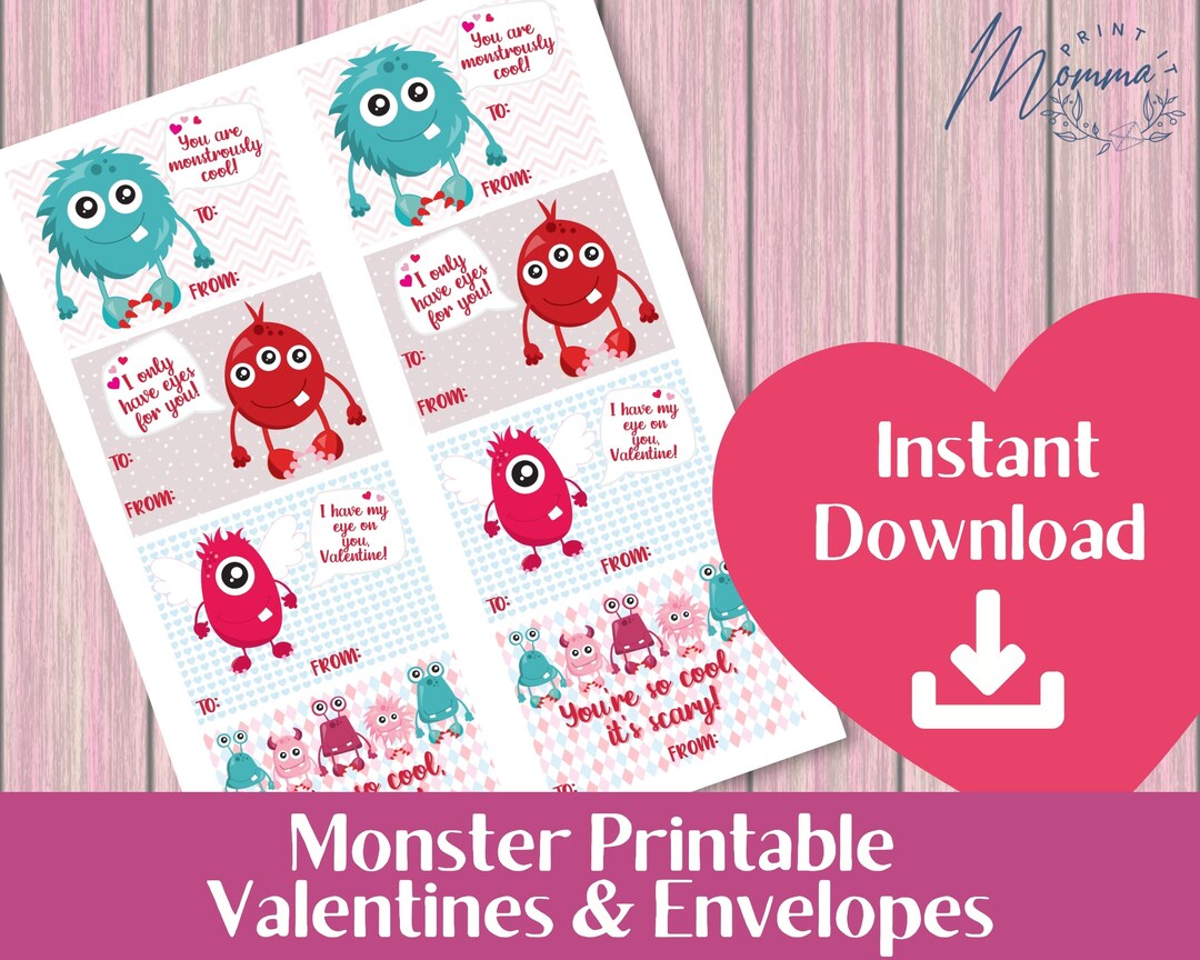 Valentine Cards and Envelopes Set Monster Print at Home | DIY Kids ...