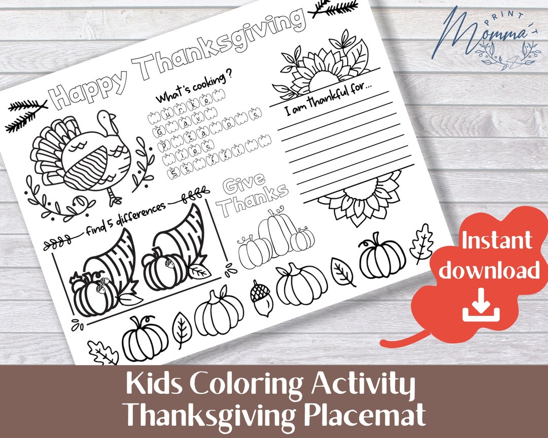 Thanksgiving Activity Placemat Printable | Thanksgiving Kids Coloring ...