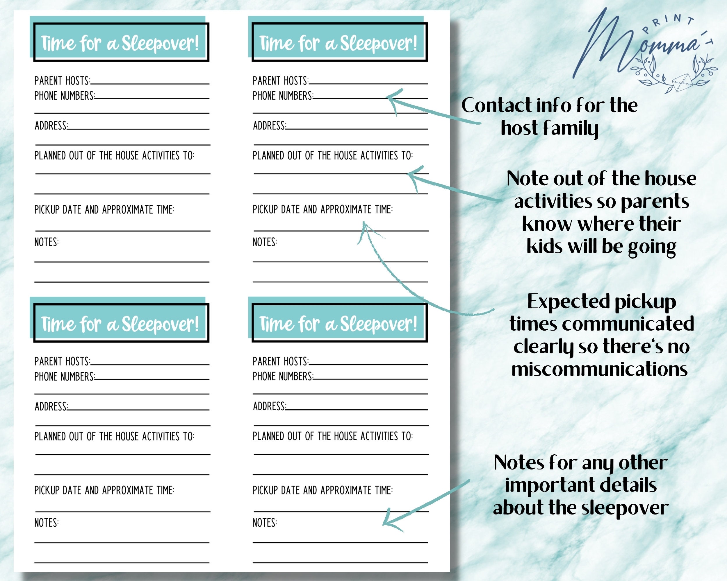 Sleepover Notes for Parents Printable | Slumber Party Information Pages ...