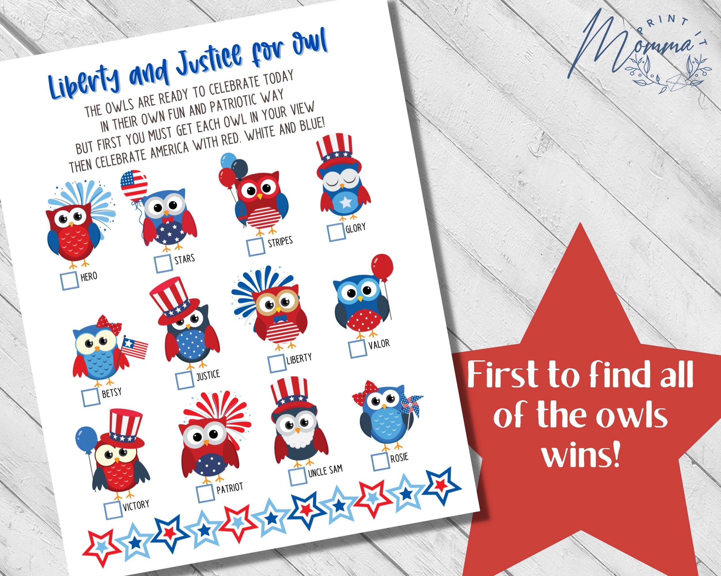 Scavenger Hunt Patriotic Owls Printable 4th of July Kids - Etsy