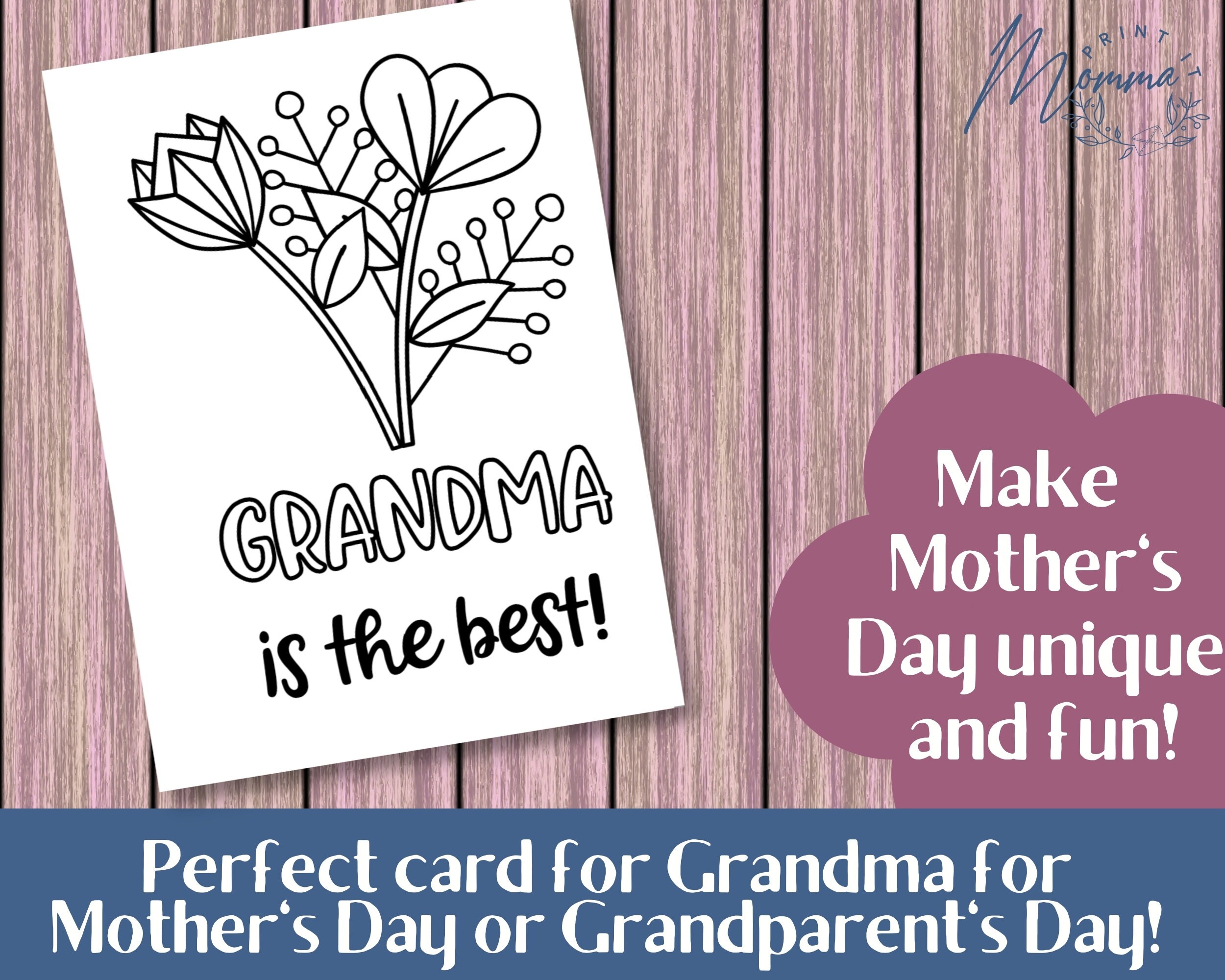 Mother's Day Coloring Card for Grandma Printable Kids Coloring DIY Card ...
