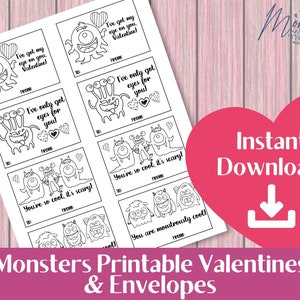 Valentine Cards and Envelopes Set Monsters Print and Color | DIY Kids ...